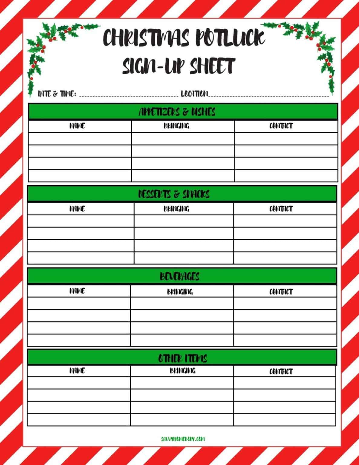 Free Printable Christmas Potluck Sign Up Sheets