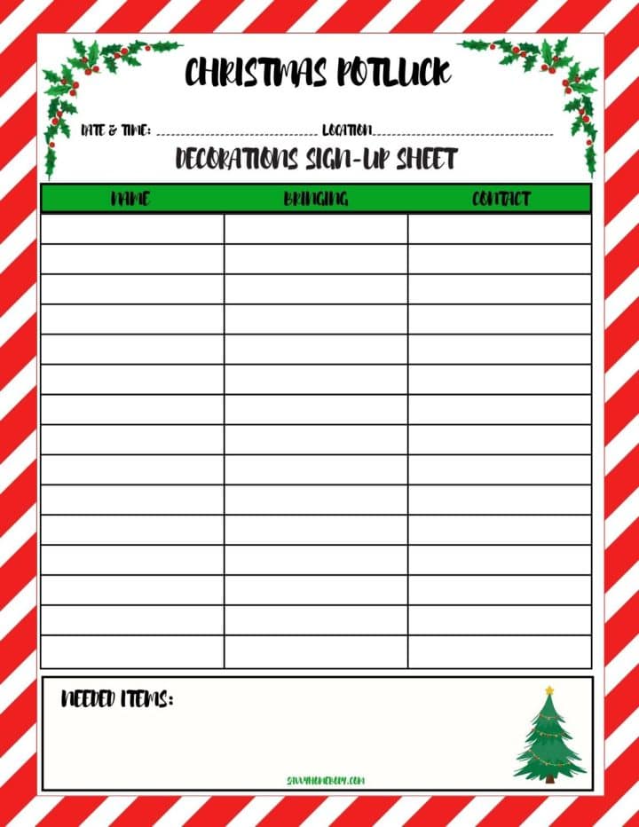 Free Printable Christmas Potluck Sign Up Sheets