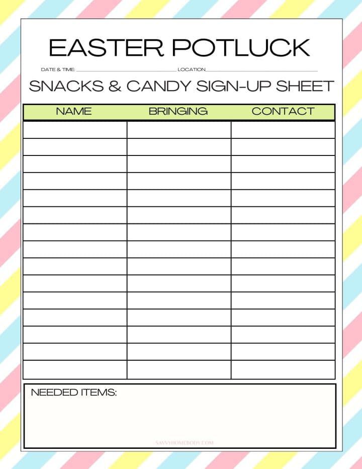 Free Printable Easter Potluck Sign Up Sheets