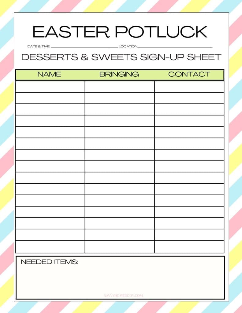 Free Printable Easter Potluck Sign Up Sheets