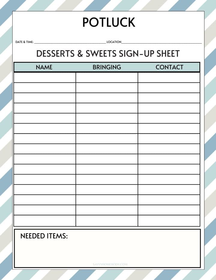 Free Printable Potluck Sign Up Sheets